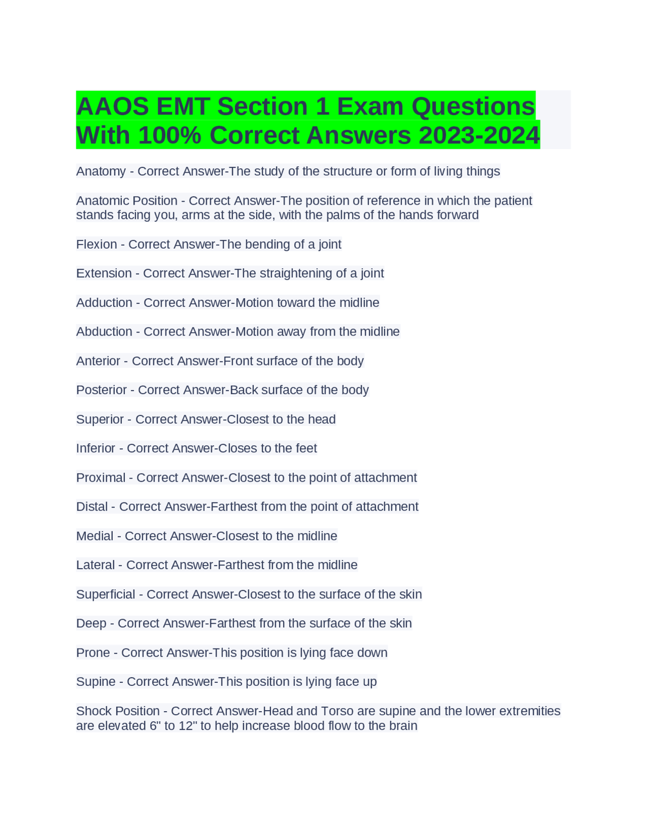 AAOS EMT Section 1 Exam Questions With 100% Correct Answers 2023-2024 ...