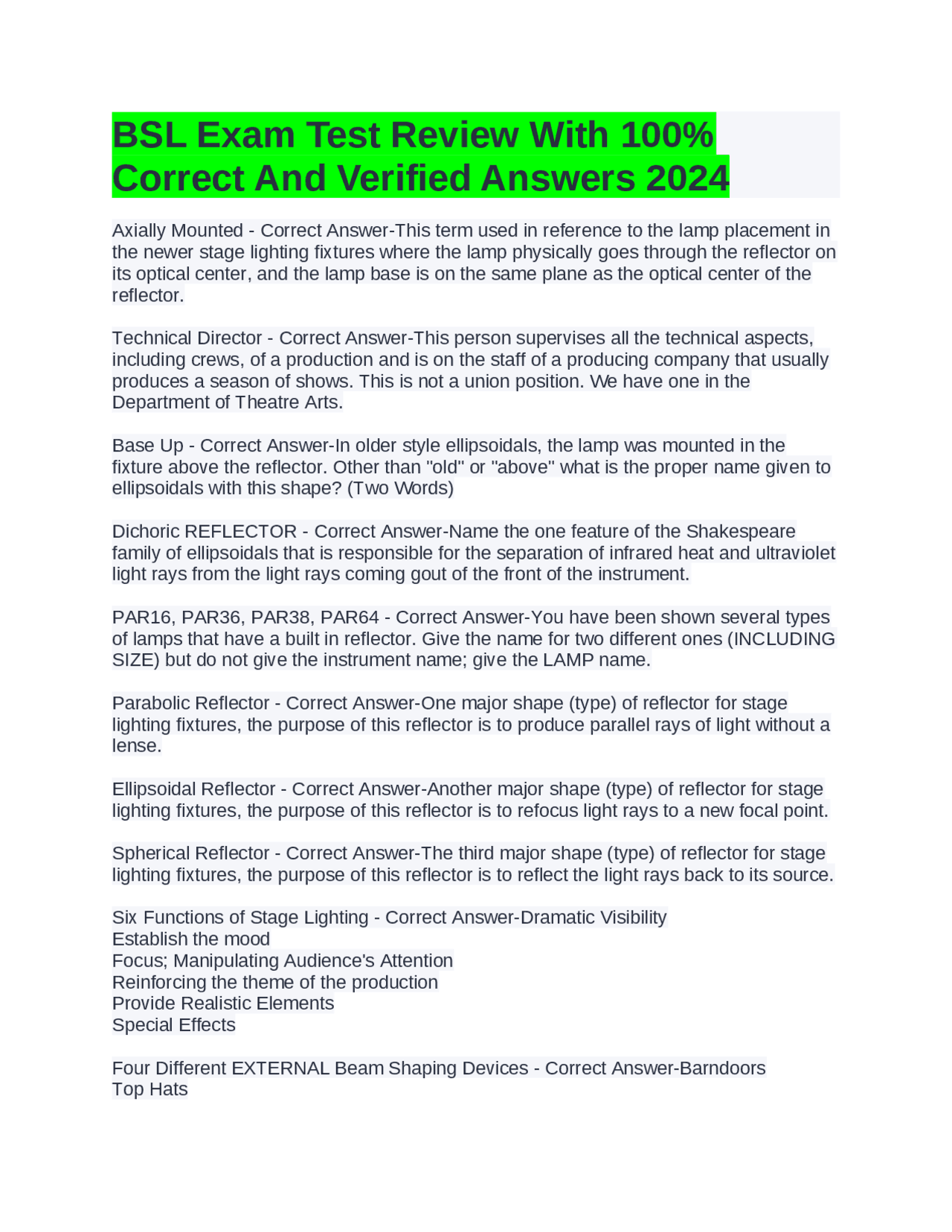 BSL Exam Test Review With 100% Correct And Verified Answers 2024 ...