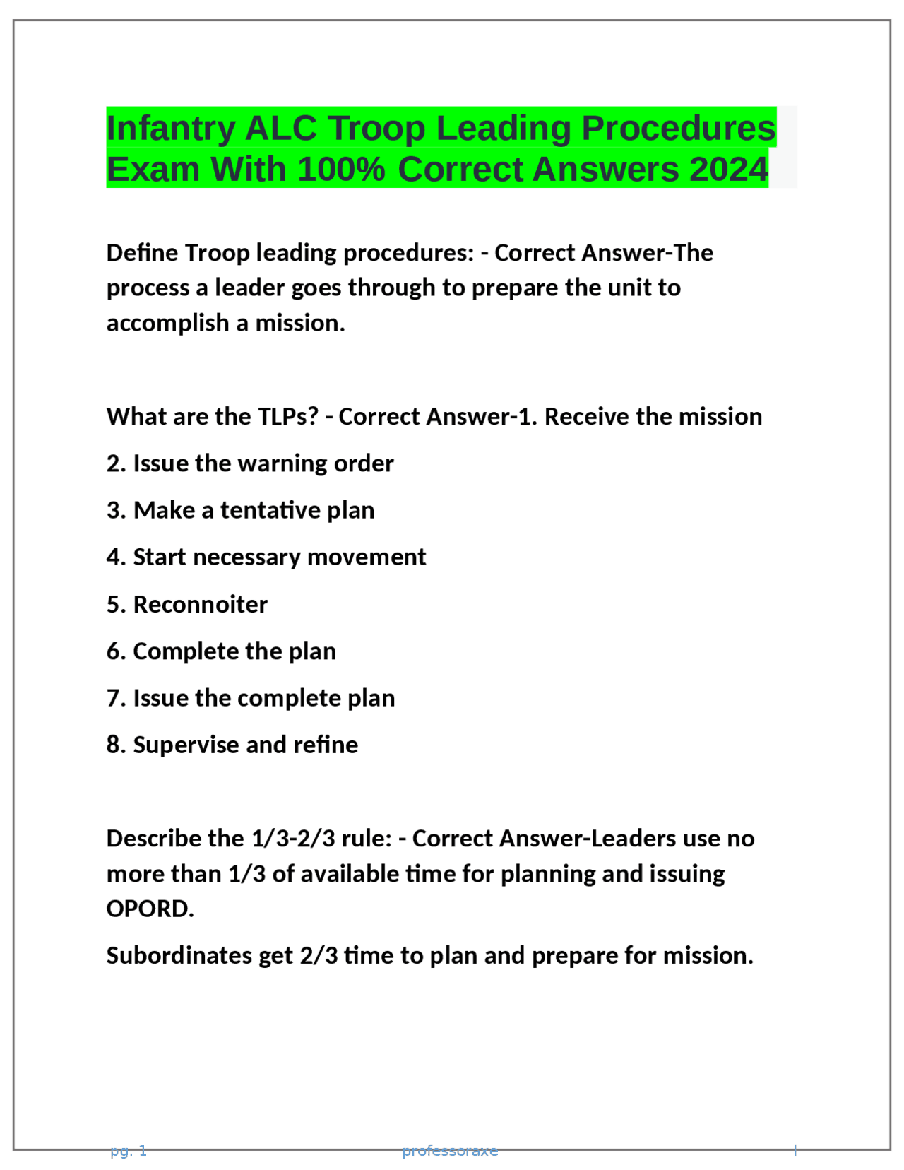 Infantry ALC Troop Leading Procedures Exam With 100% Correct Answers ...