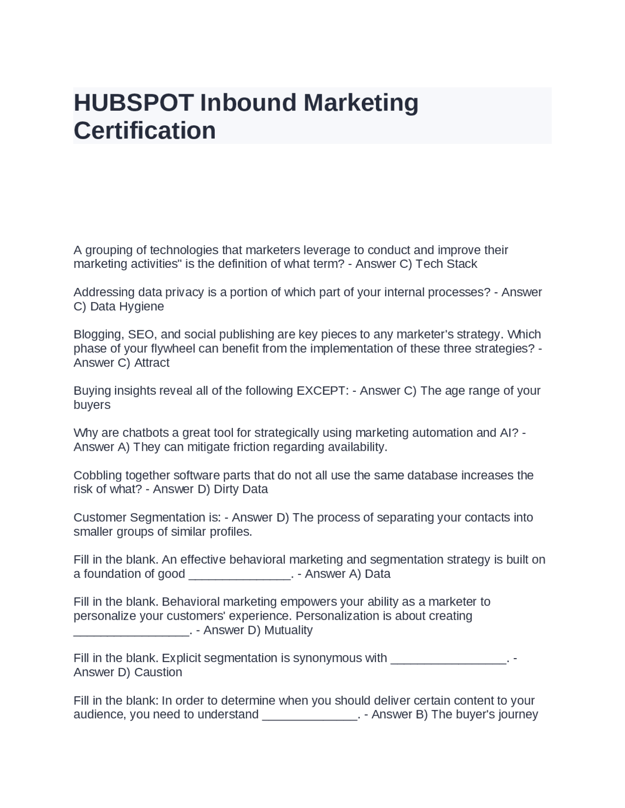 HUBSPOT Inbound Marketing Certification Test Questions and Answers ...