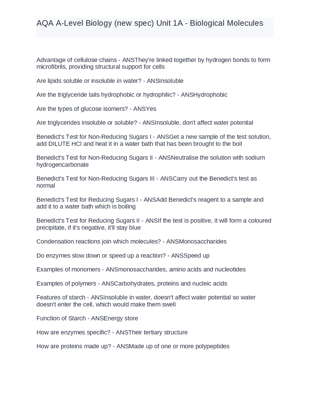 Aqa A Level Biology New Spec Unit 1a Biological Molecules Docx