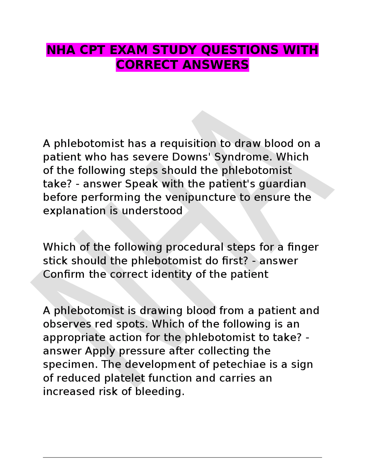 NHA CPT EXAM STUDY QUESTIONS WITH CORRECT ANSWERS | Exams Nursing | Docsity