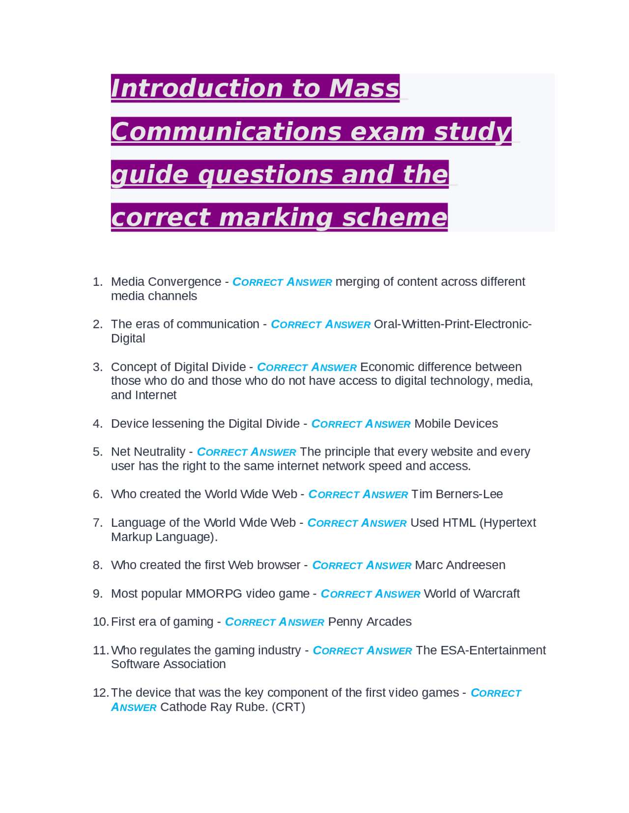 Introduction to Mass Communications exam study guide questions and the ...