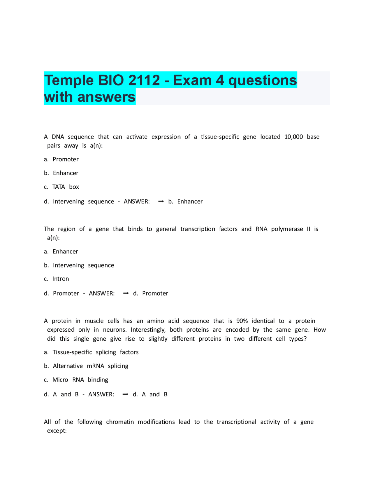 Temple BIO 2112 - Exam 4 questions with answers | Exams Biology | Docsity