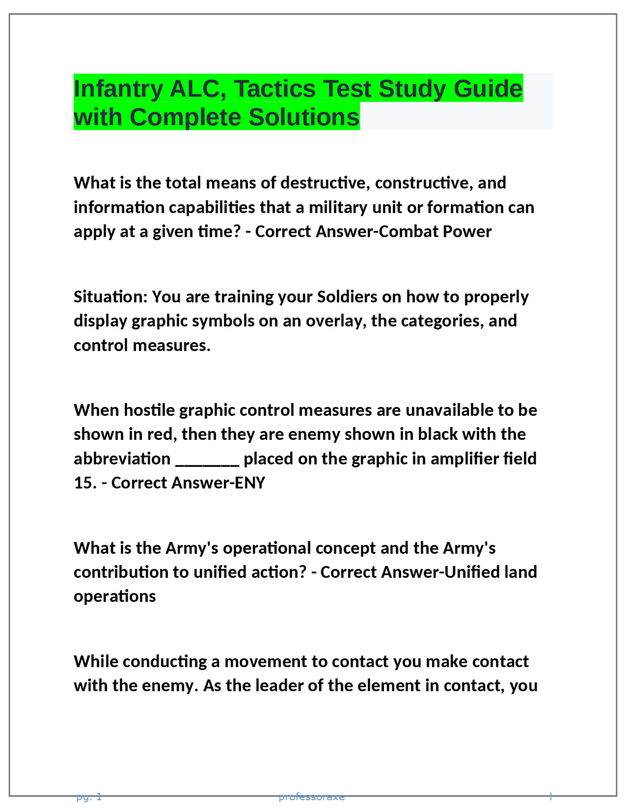 Infantry ALC, Tactics Test Study Guide with Complete Solutions | Exams ...