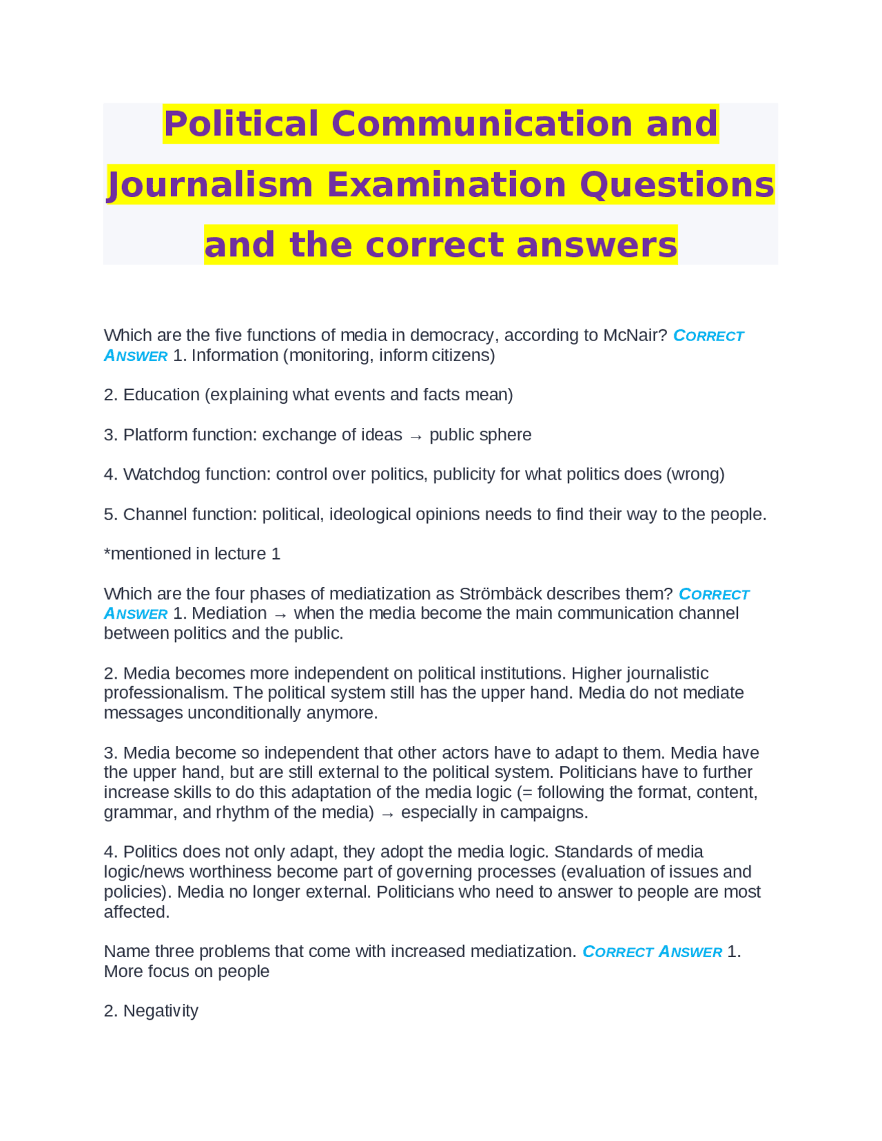 Political Communication and Journalism Examination Questions and the ...