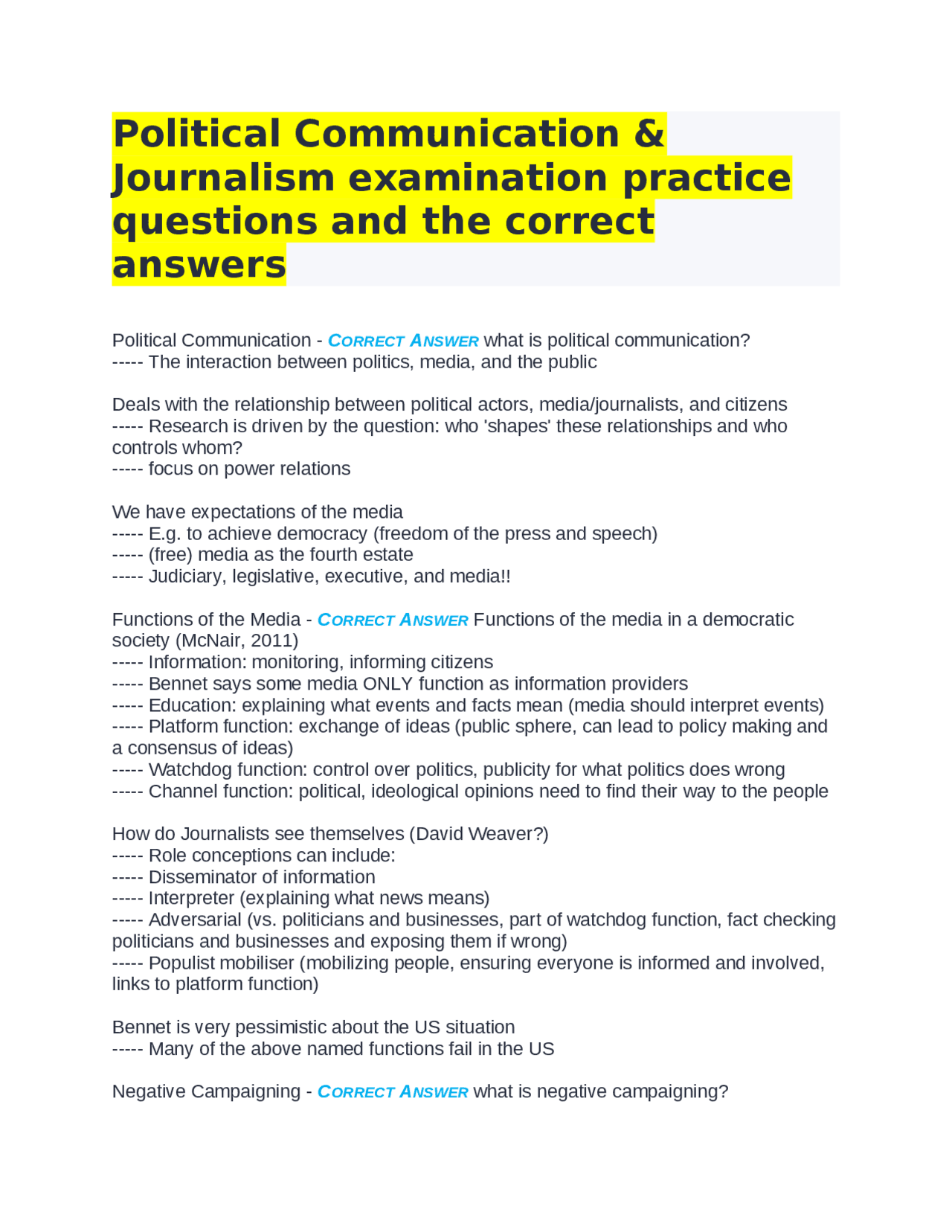 Political Communication & Journalism examination practice questions and ...