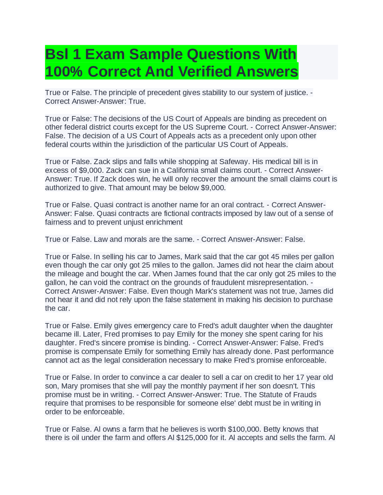 Bsl 1 Exam Sample Questions With 100% Correct And Verified Answers ...