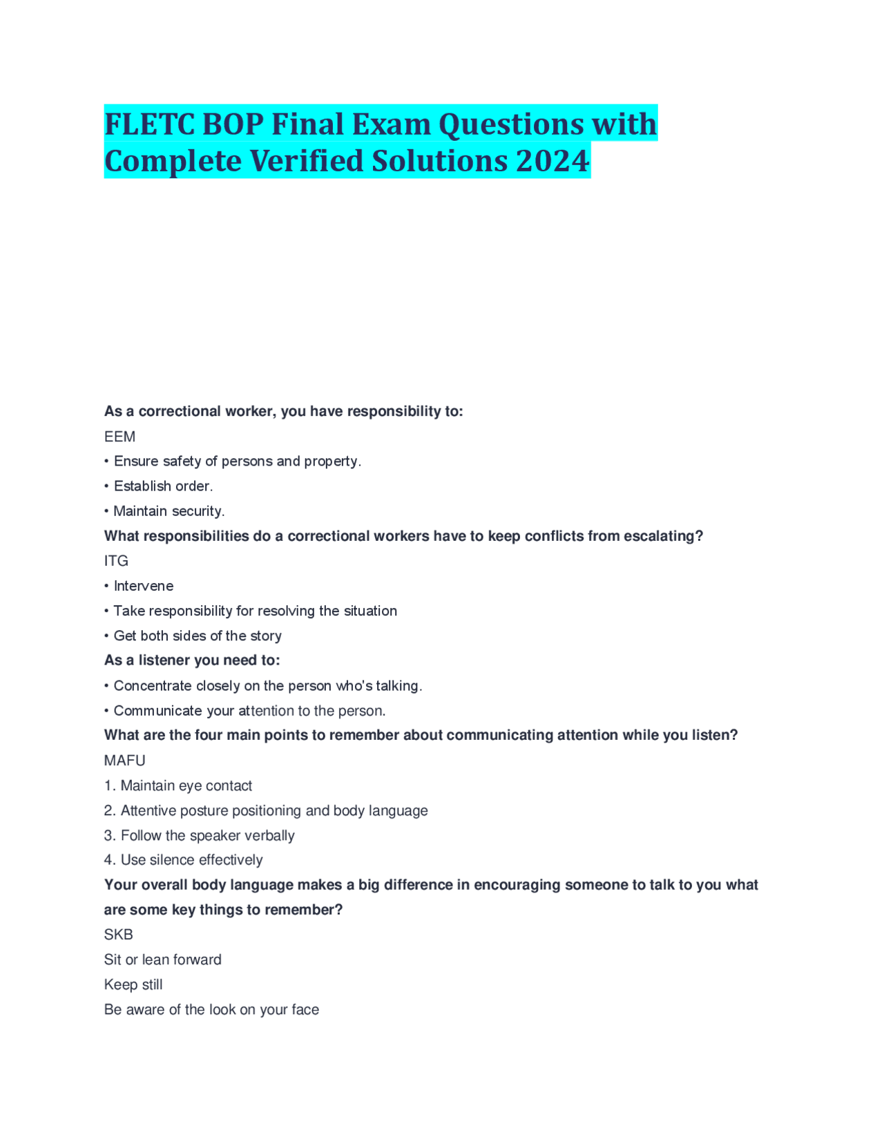 FLETC BOP Final Exam Questions with Complete Verified Solutions 2024 ...