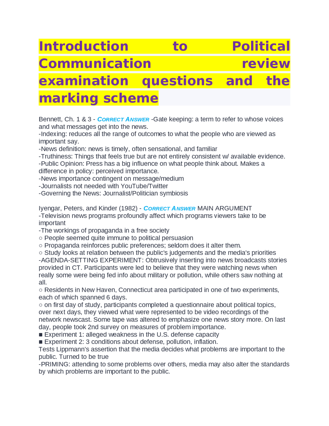 Introduction to Political Communication review examination questions and the marking schem ...
