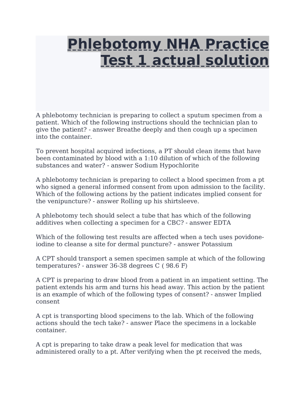 Phlebotomy NHA Practice Test 1 actual solution | Exams Nursing | Docsity