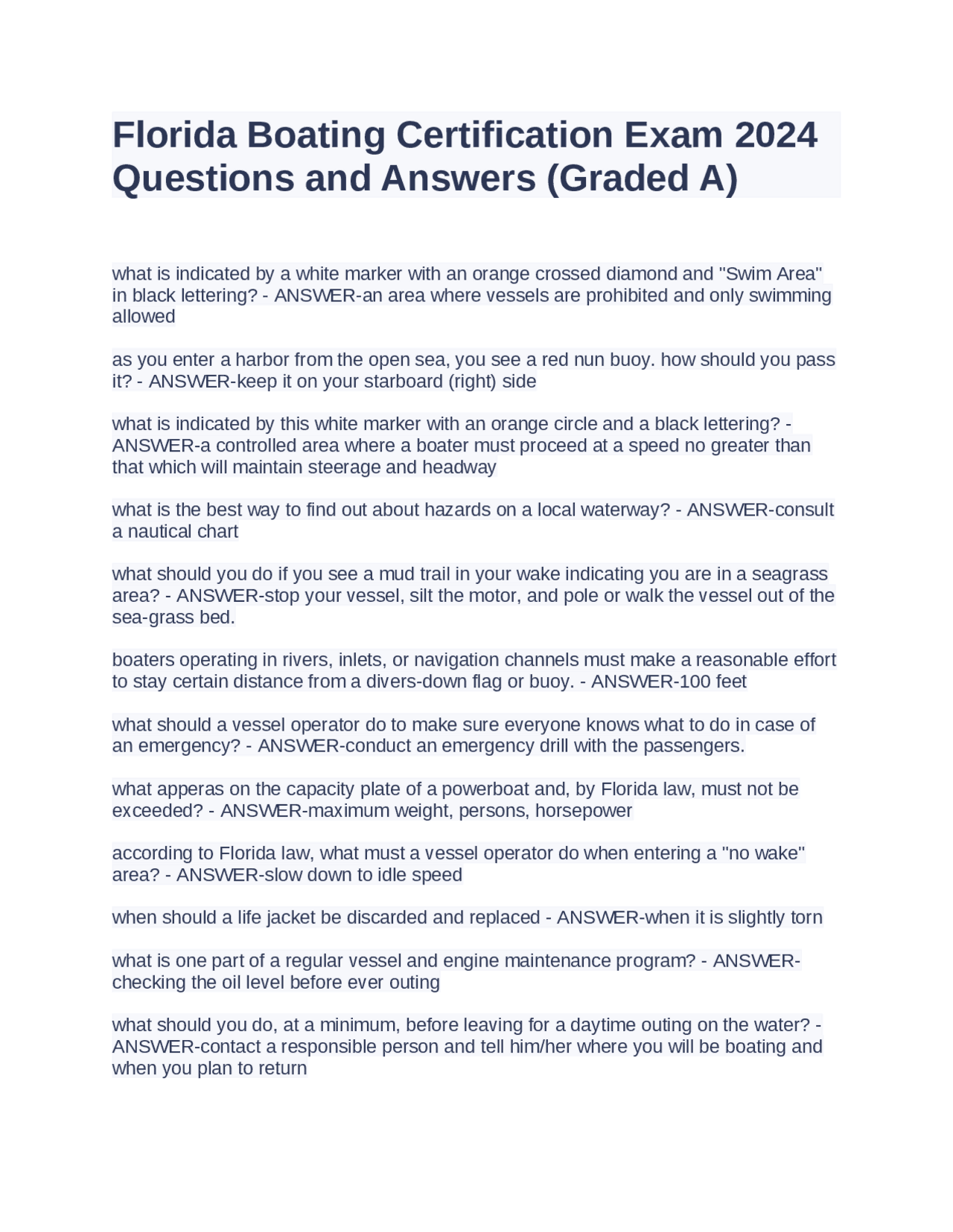 Florida Boating Certification Exam 2024 Questions and Answers (Graded A ...