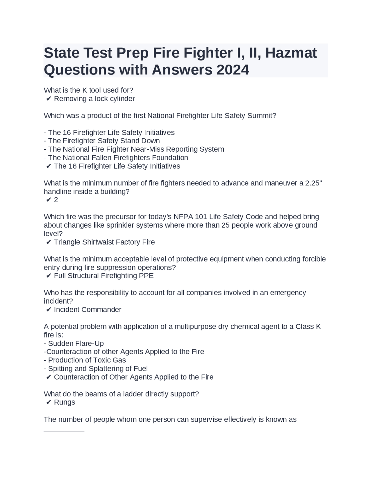 State Test Prep Fire Fighter I, II, Hazmat Questions with Answers 2024 ...