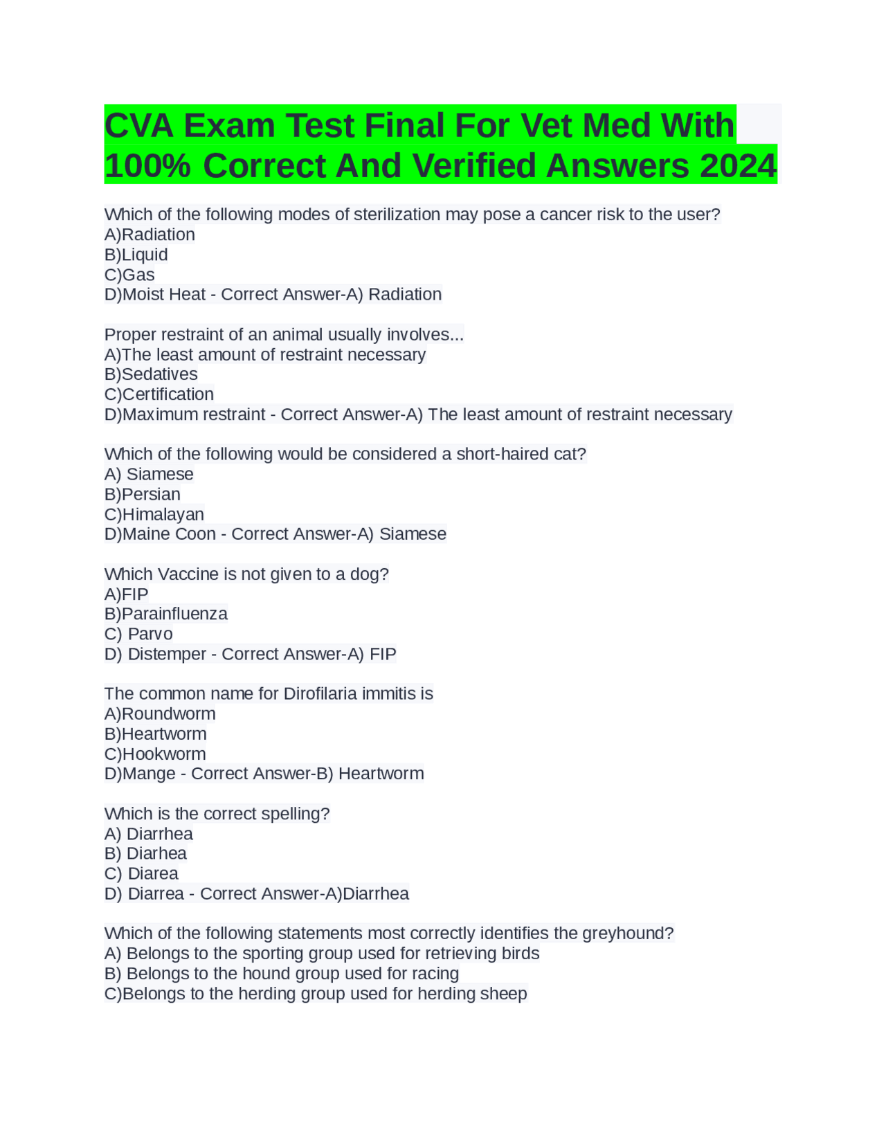 CVA Exam Test Final For Vet Med With 100% Correct And Verified Answers ...