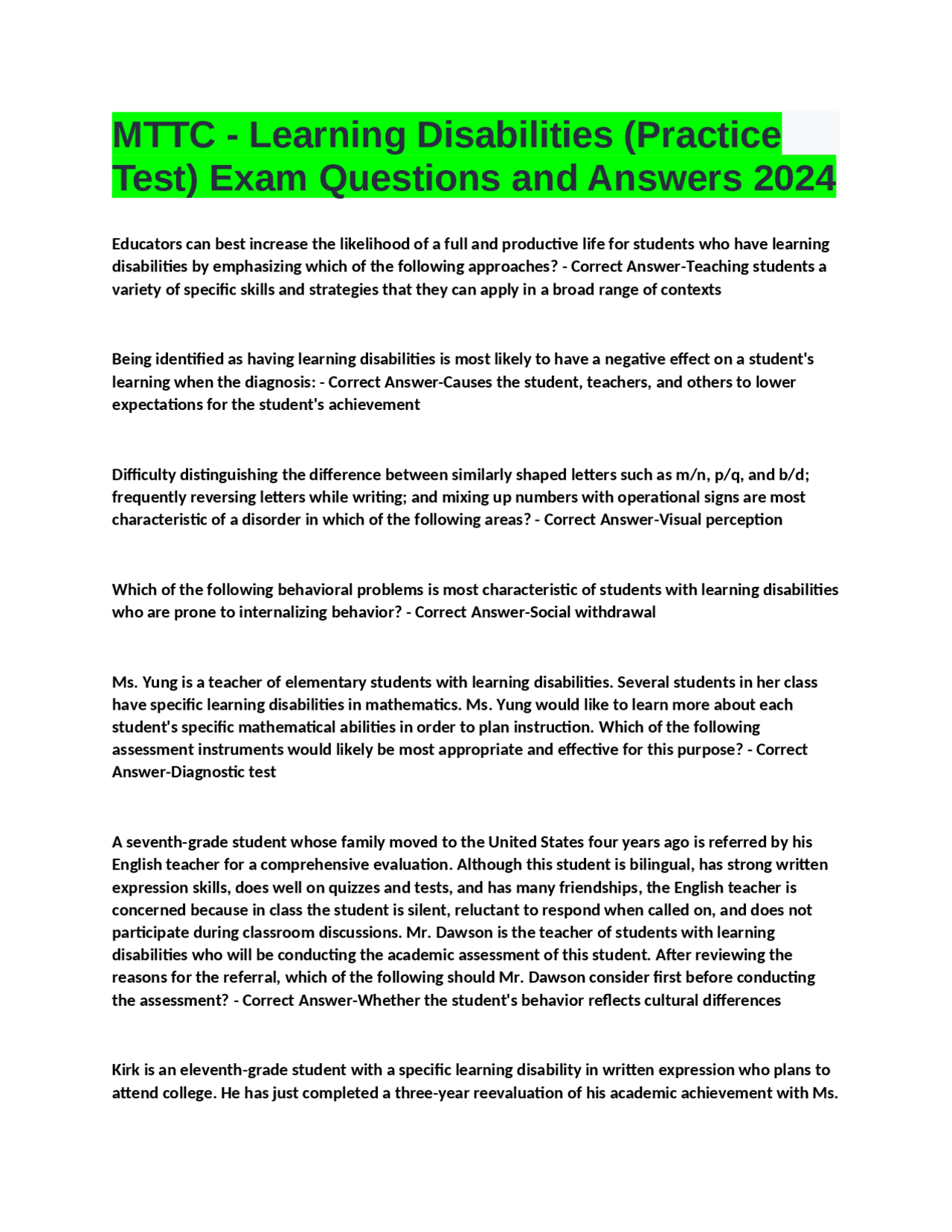 MTTC - Learning Disabilities (Practice Test) Exam Questions and Answers ...
