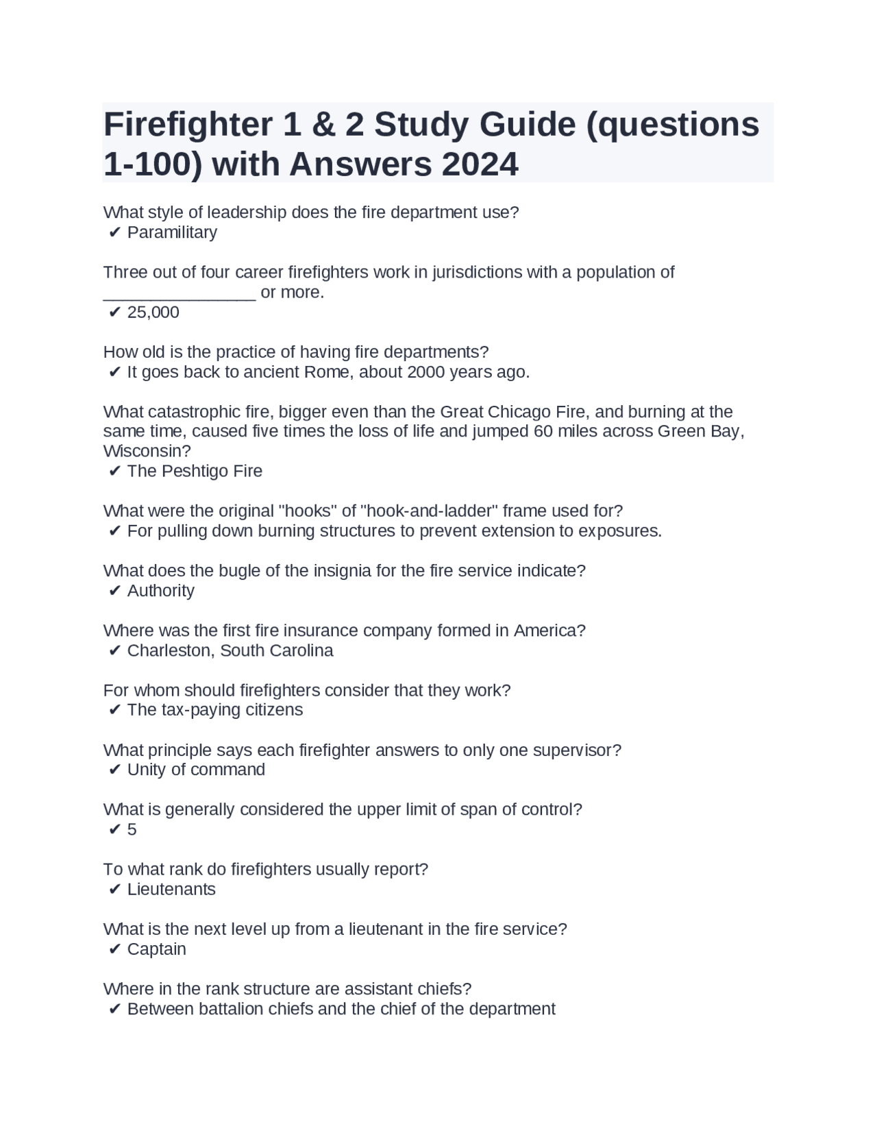 Firefighter 1 & 2 Study Guide (questions 1-100) with Answers 2024 | Exams Engineering | Docsity