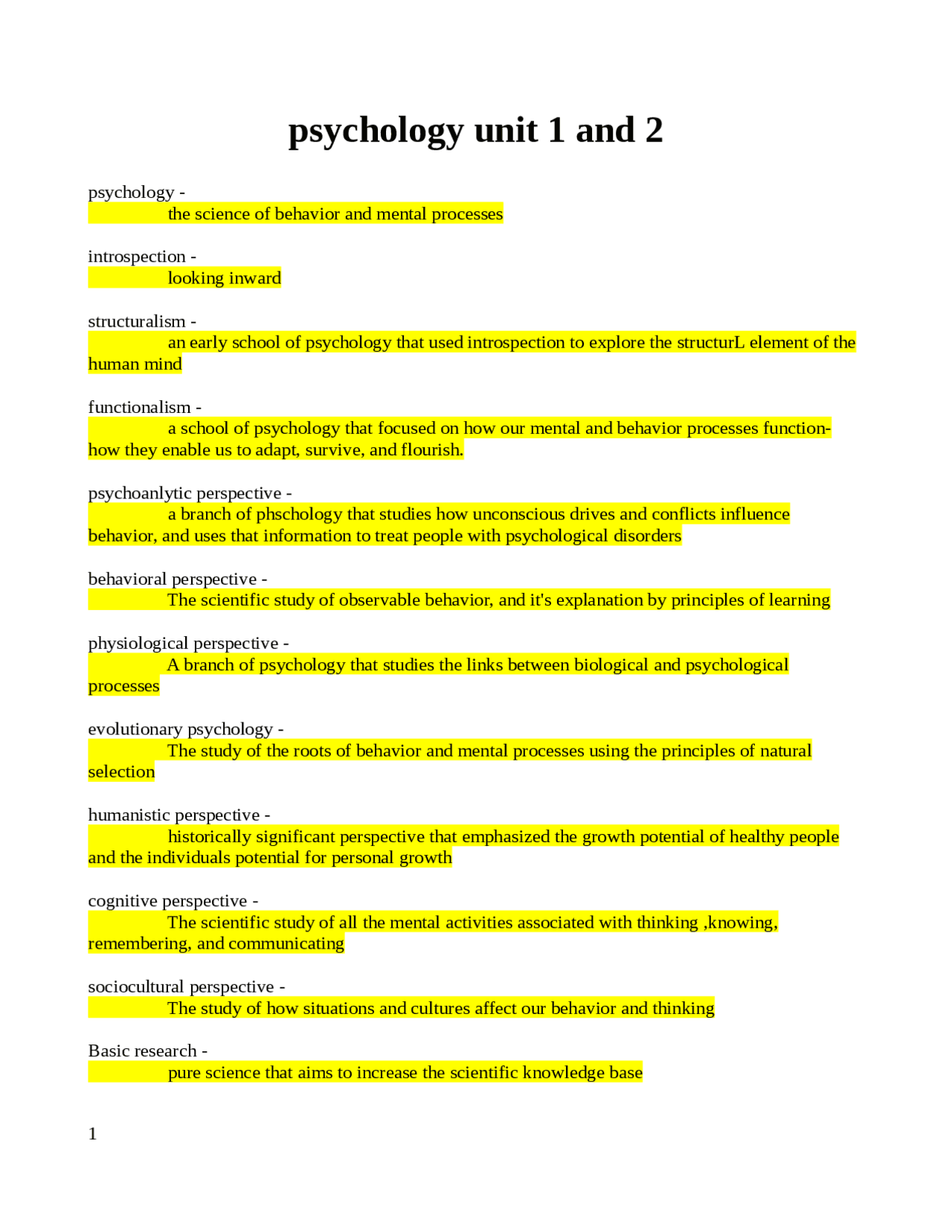 psychology unit 1 and 2 | Exams Psychology | Docsity