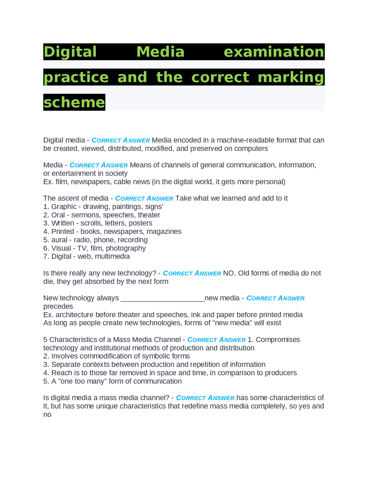Digital Media examination practice and the correct marking scheme ...