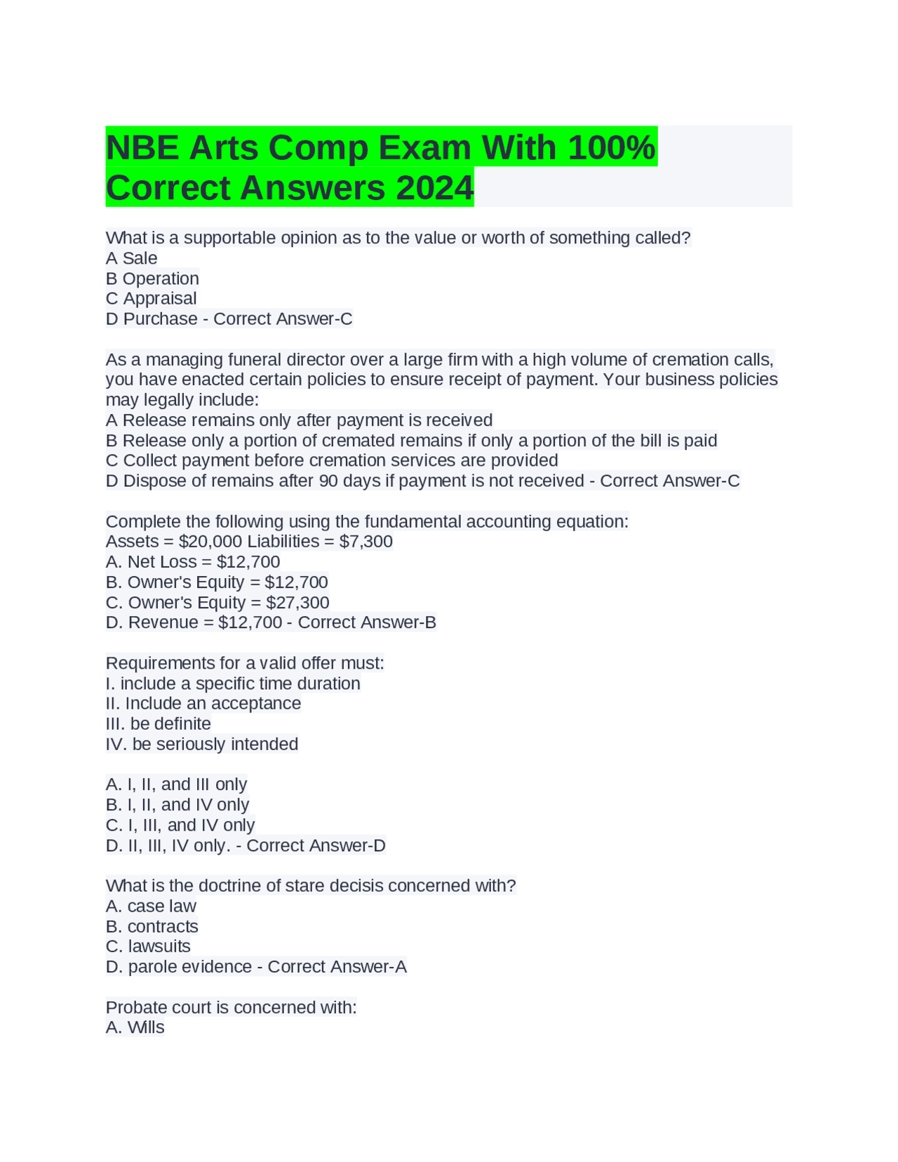 NBE Arts Comp Exam With 100% Correct Answers 2024 | Exams Advanced ...