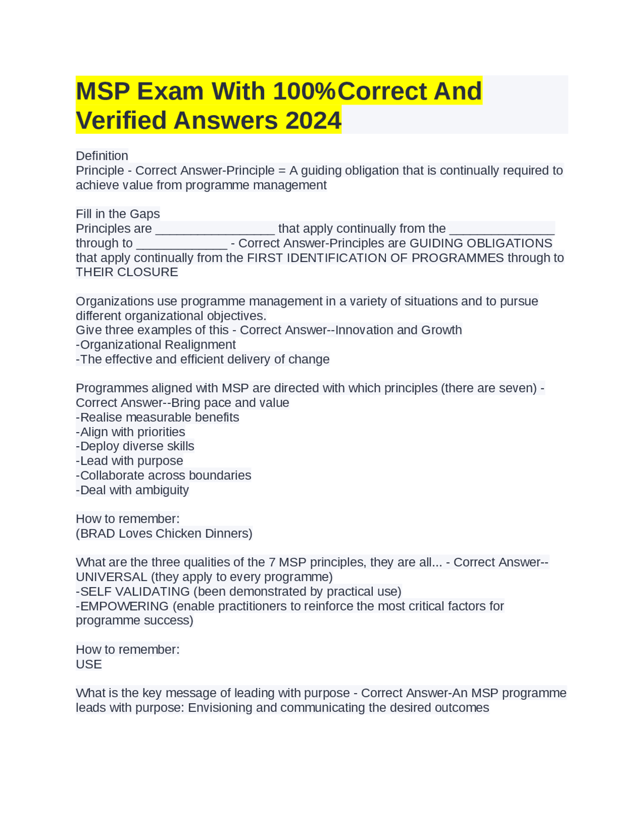 MSP Exam With 100%Correct And Verified Answers 2024 | Exams Advanced ...