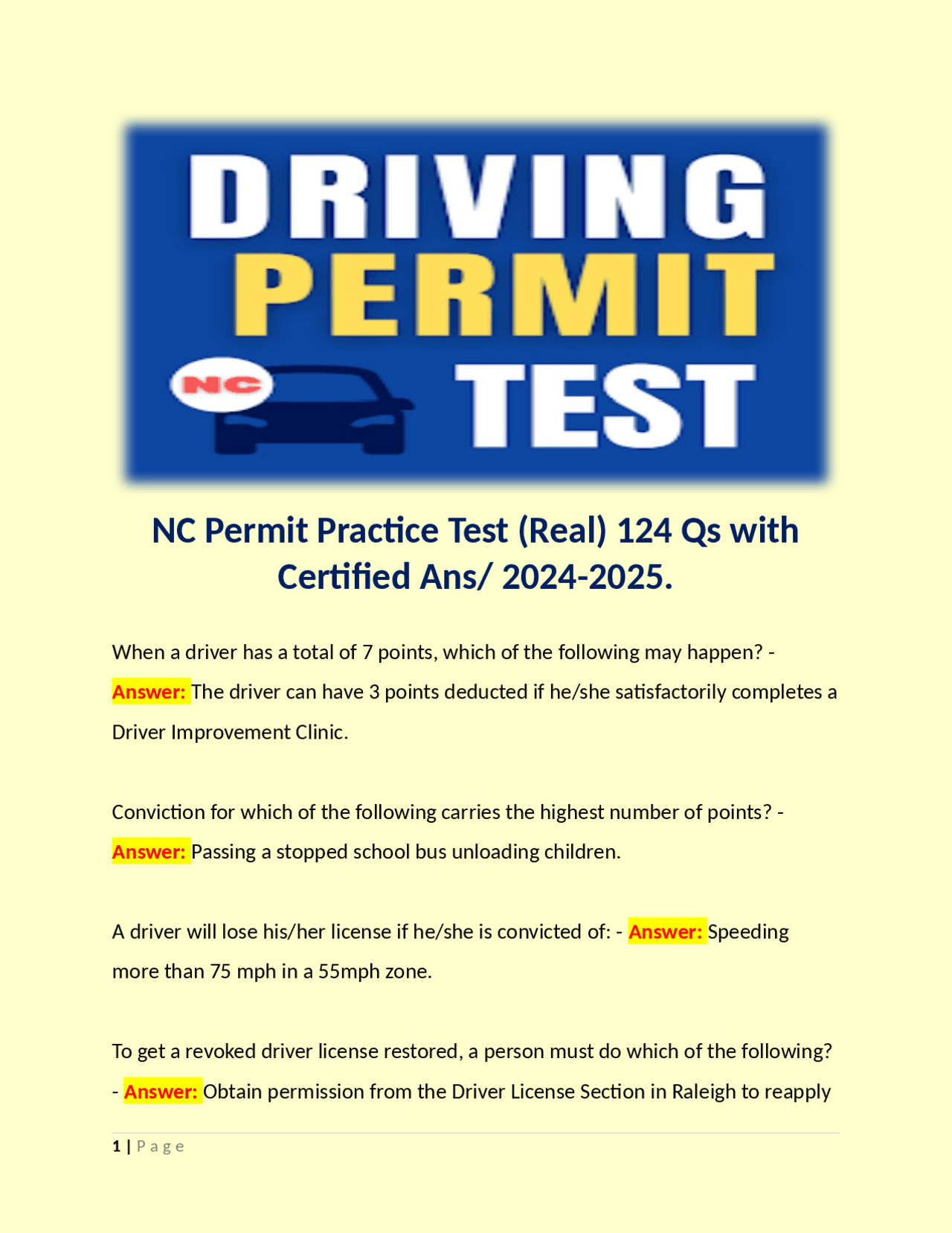 NC Permit Practice Test (Real) 124 Qs with Certified Ans/ 2024-2025 ...