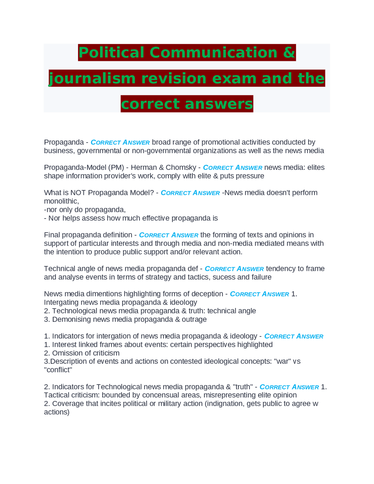 Political Communication & journalism revision exam and the correct ...