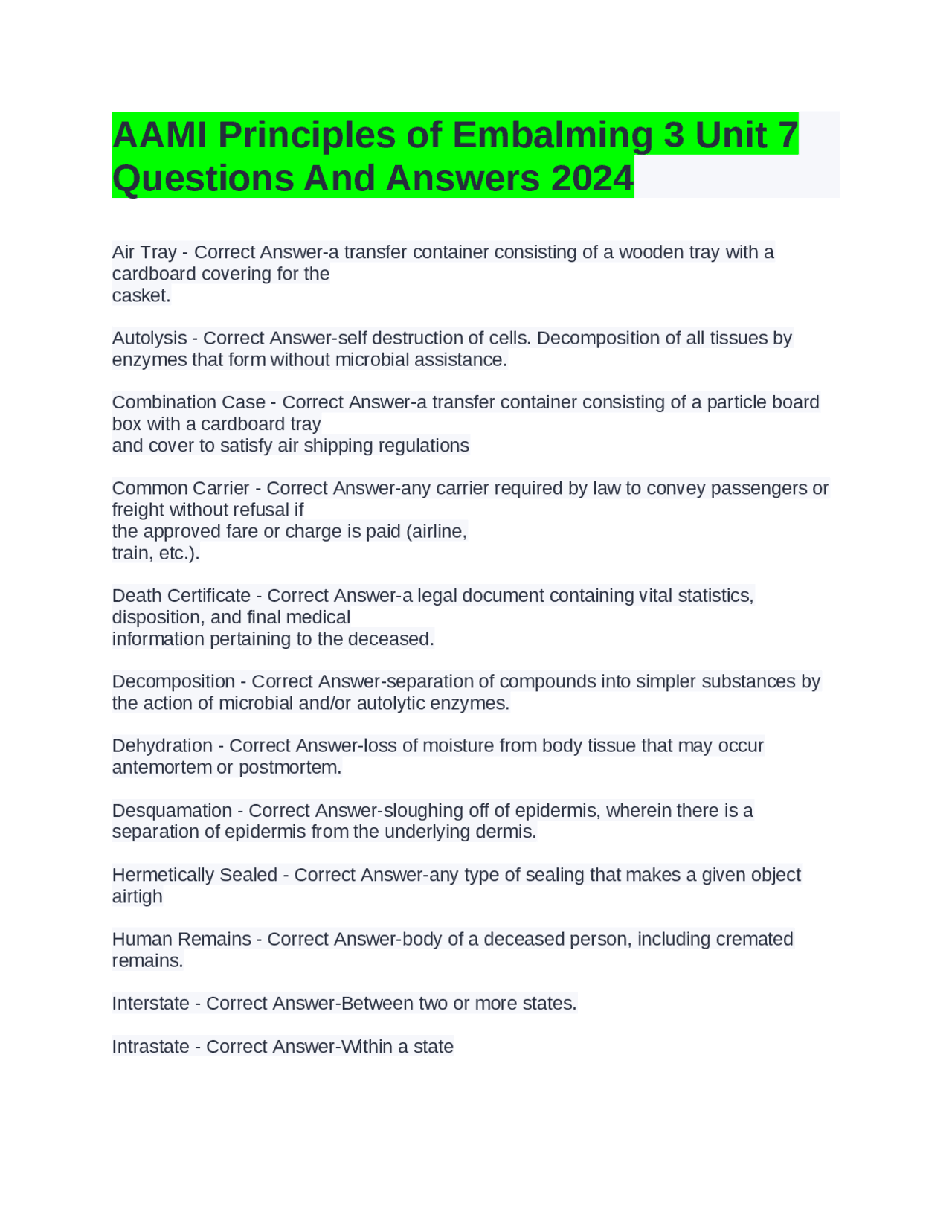 AAMI Principles of Embalming 3 Unit 7 Questions And Answers 2024 ...