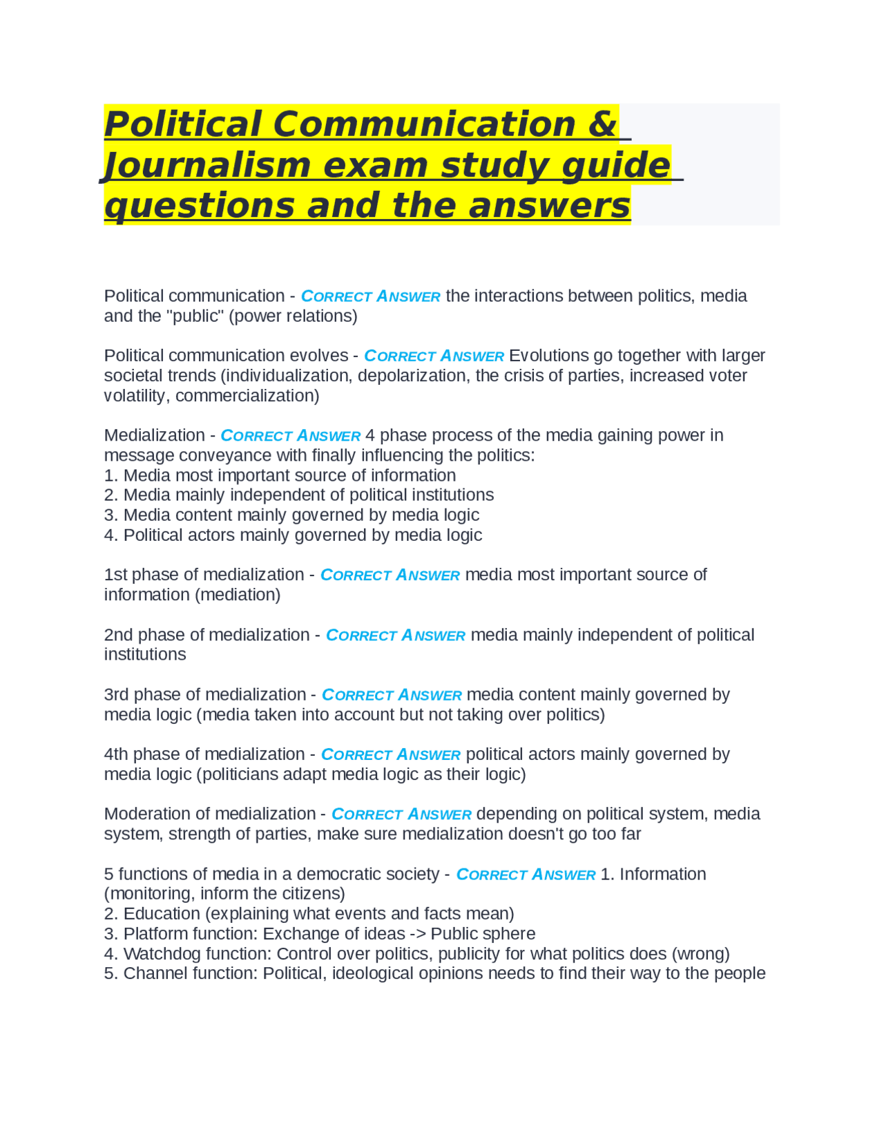 Political Communication & Journalism exam study guide questions and the ...
