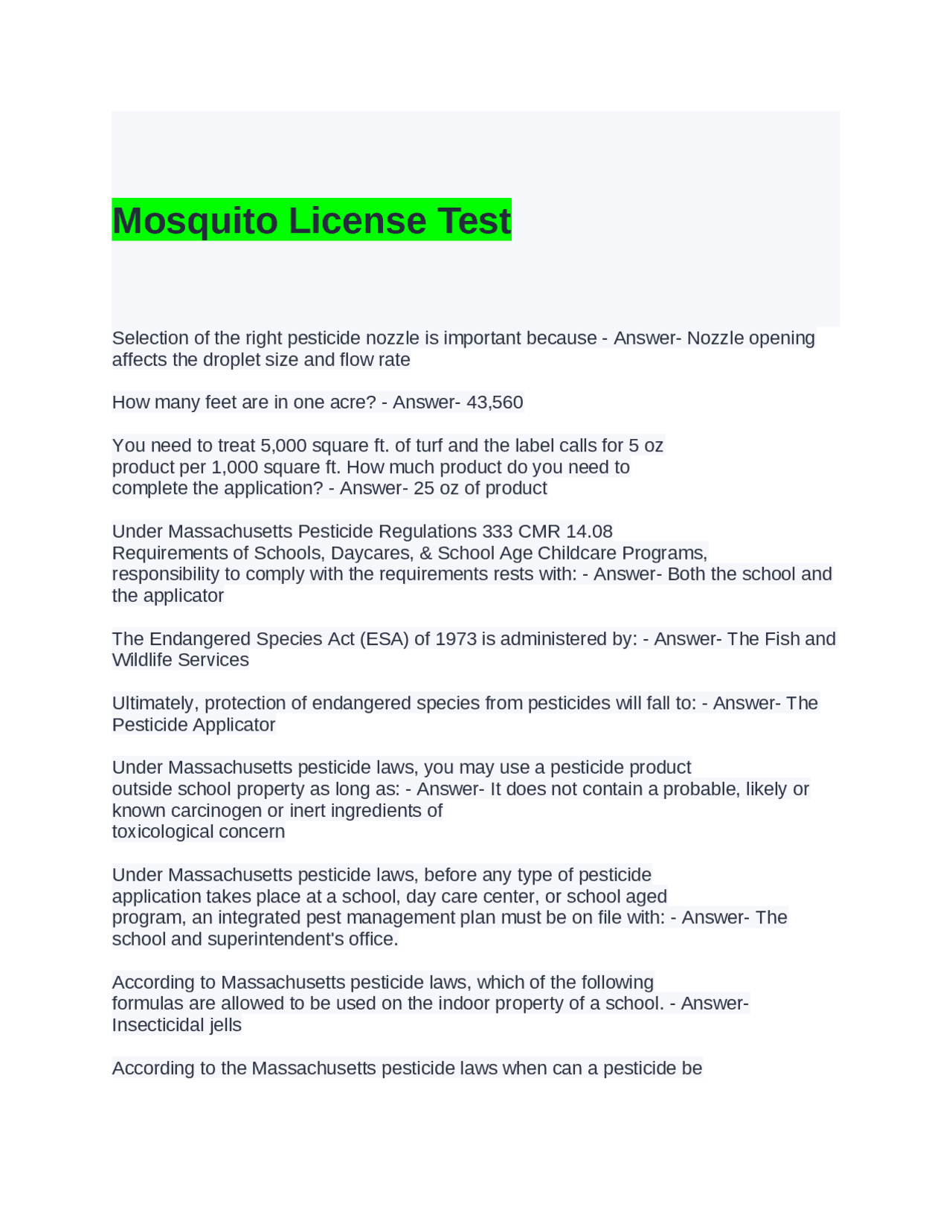 Mosquito License Test with correct Answers | Exams Advanced Education ...