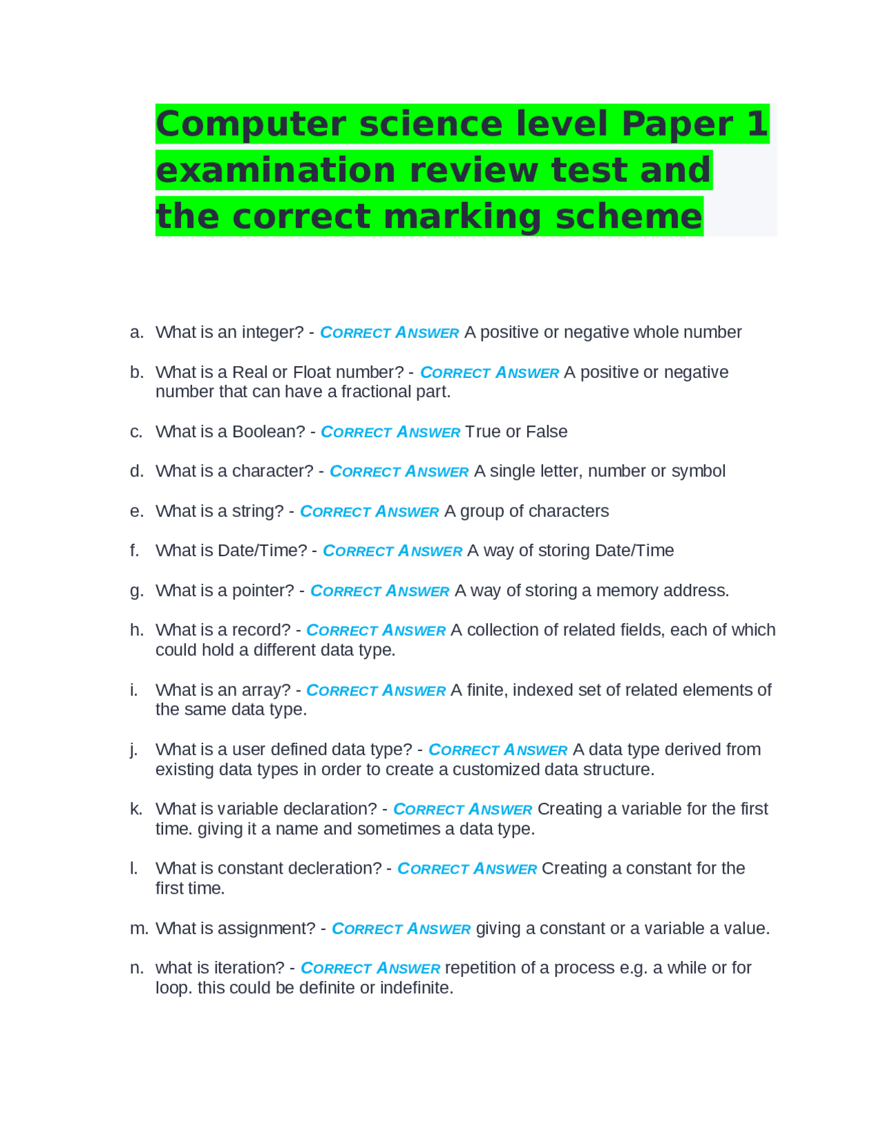 Computer science level Paper 1 examination review test and the correct ...