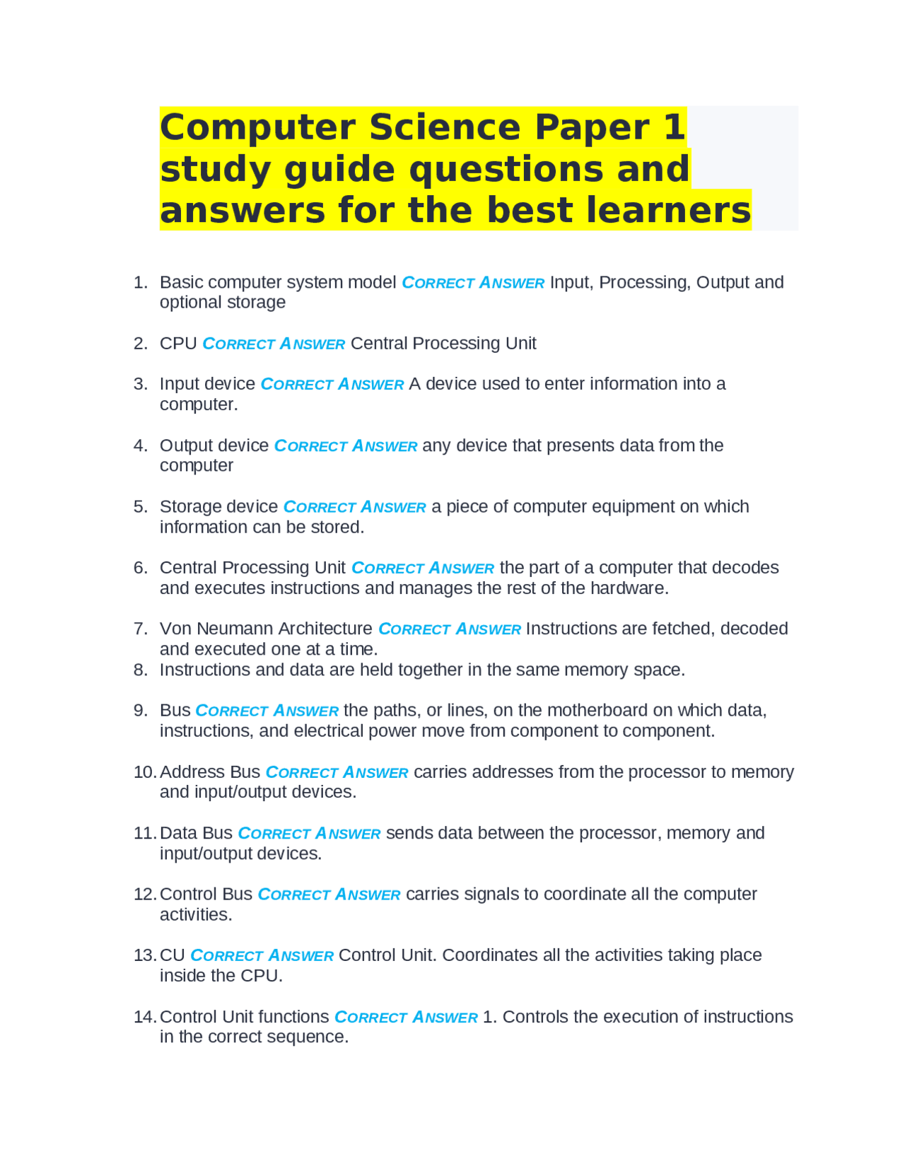 Computer Science Paper 1 study guide questions and answers for the best learners | Exams ...