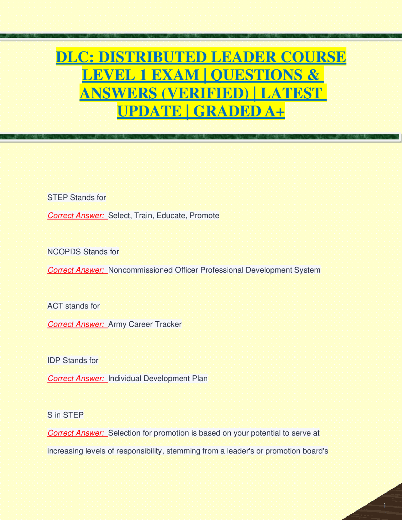 DLC: DISTRIBUTED LEADER COURSE LEVEL 1 EXAM | QUESTIONS & ANSWERS ...