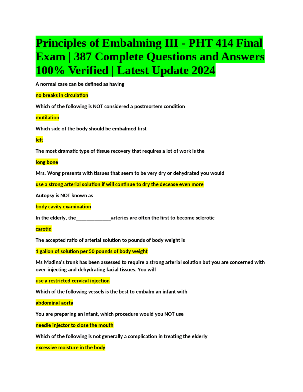 Principles of Embalming III - PHT 414 Final Exam | 387 Complete Questions and Answers 100% ...