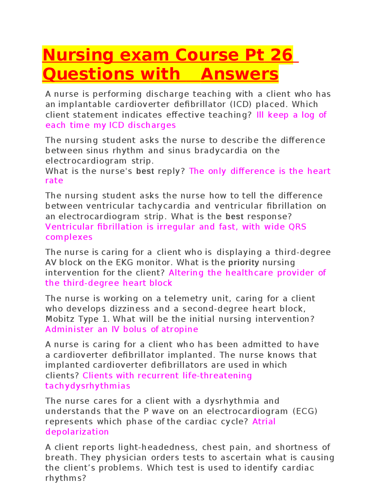 Nursing exam Course Pt 26 Questions with Answers COMPLETE AND UPDATED ...