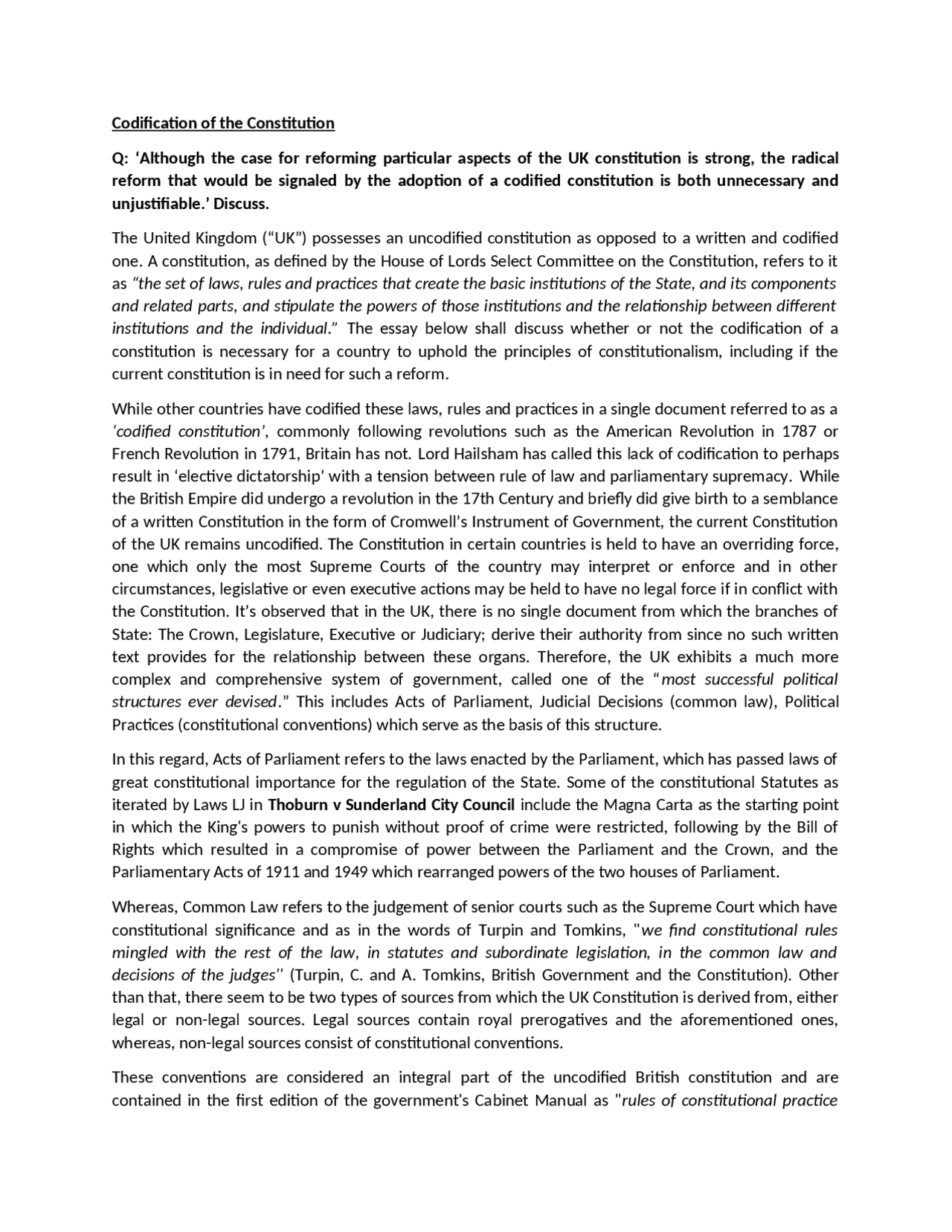 Codification of the UK Constitution - Law Essay | Essays (high school ...