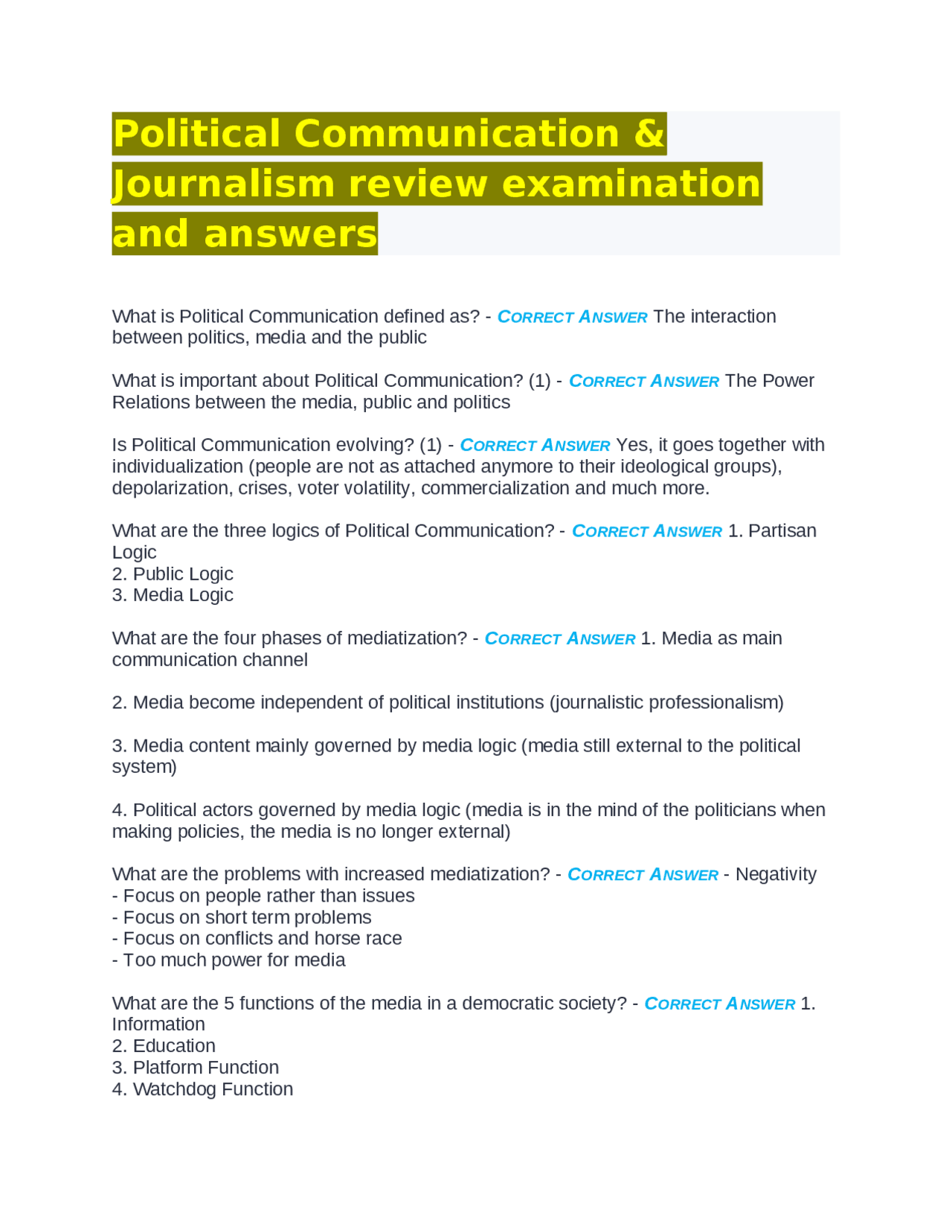 Political Communication & Journalism review examination and answers ...