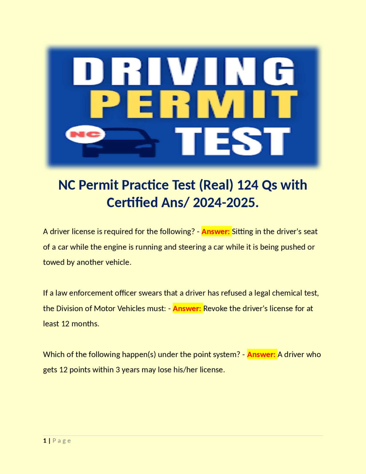 NC Permit Practice Test (Real) 124 Qs with Certified Ans/ 2024-2025 ...