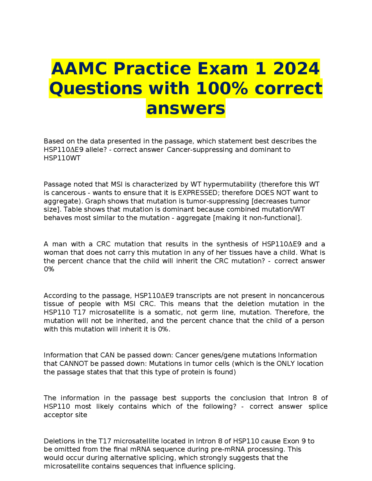 AAMC Practice Exam 1 2024 Questions with 100% correct answers | Exams ...
