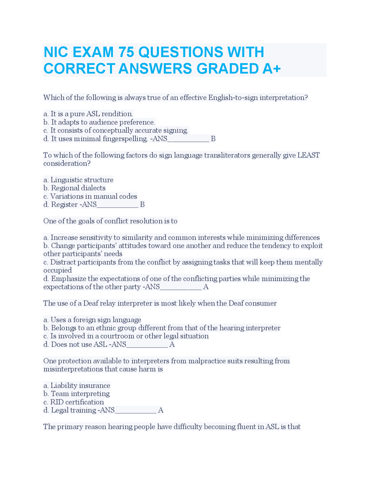 NIC EXAM 75 QUESTIONS WITH CORRECT ANSWERS GRADED A+ | Exams Sign ...