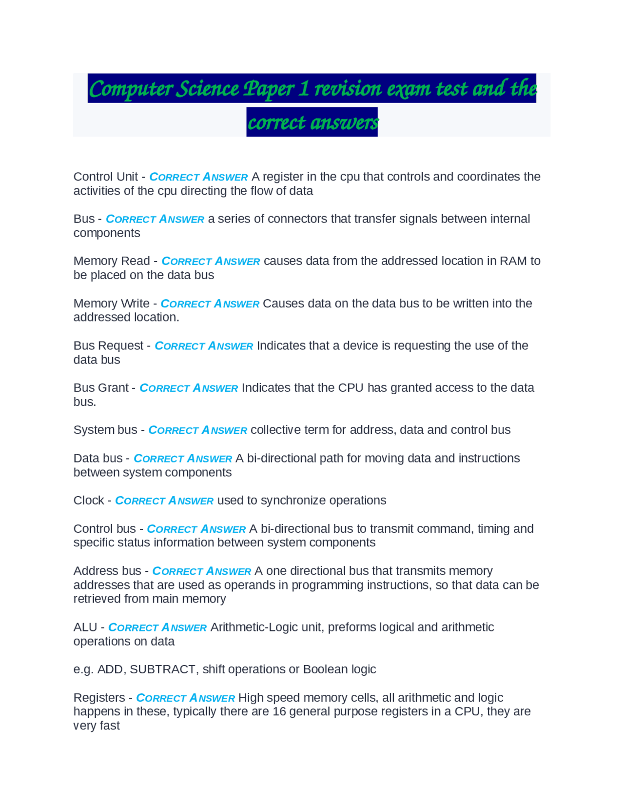 Computer Science Paper 1 revision exam test and the correct answers ...