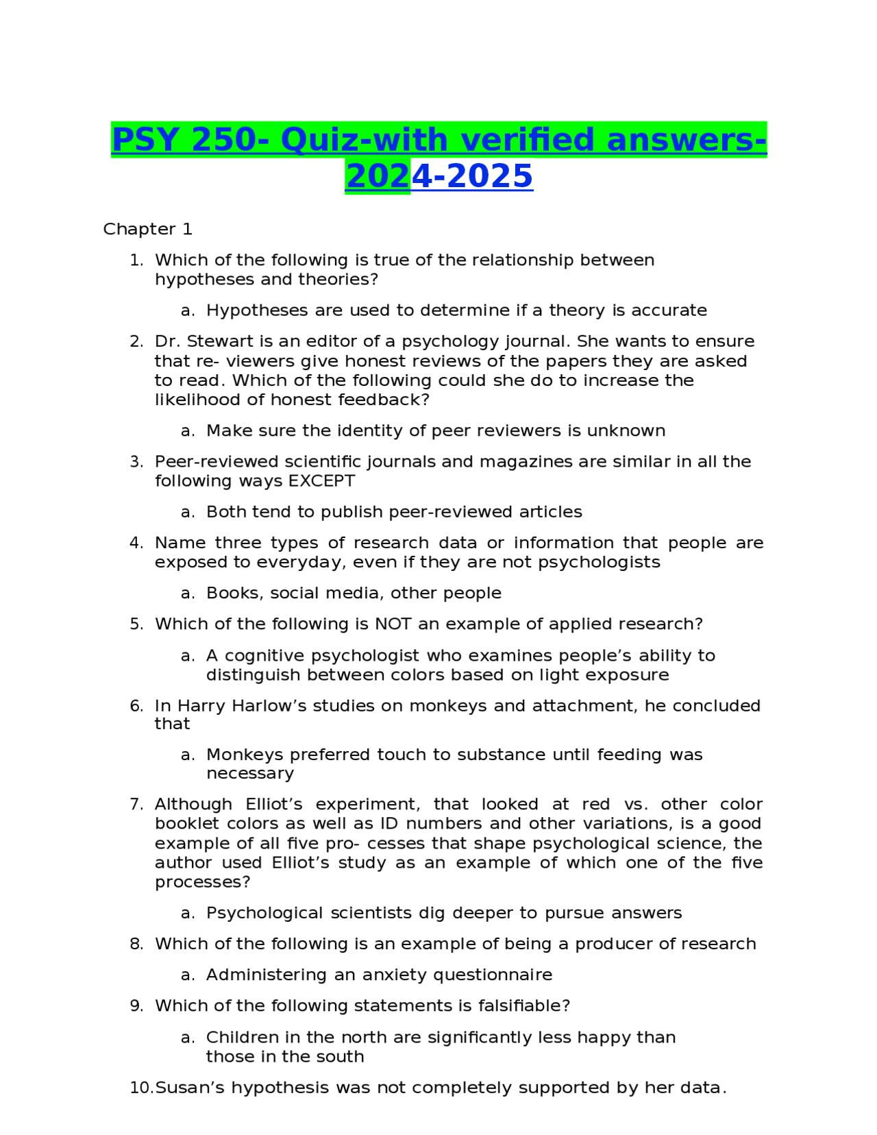 PSY 250- Quiz-with verified answers-2024-2025.docx | Exams Nursing | Docsity