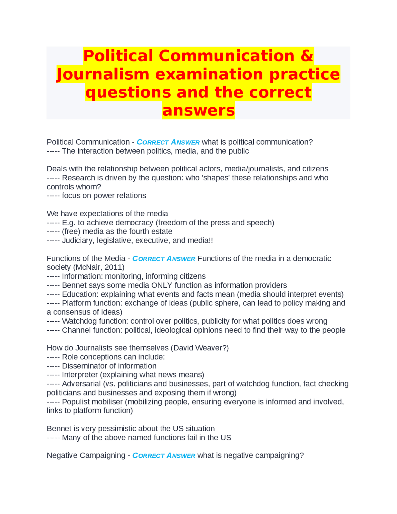 Political Communication & Journalism examination practice questions and ...