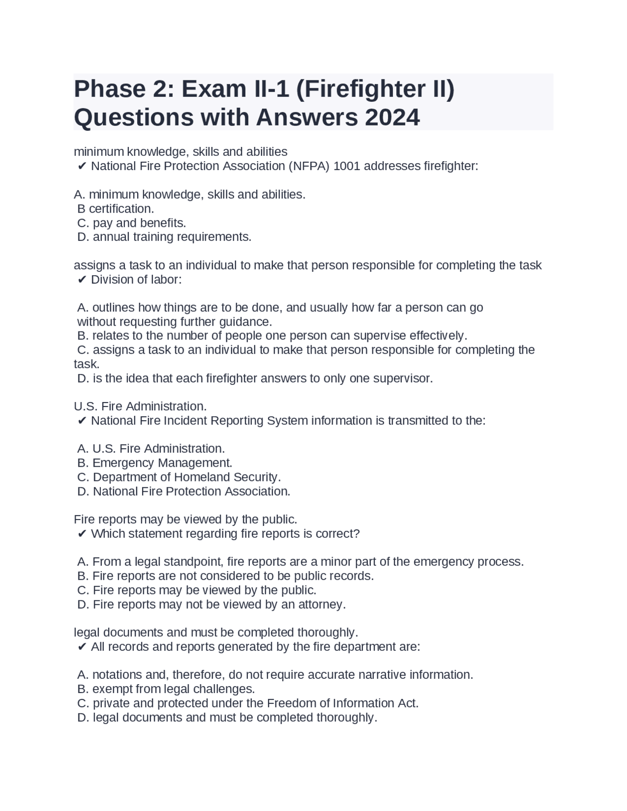 Phase 2: Exam II-1 (Firefighter II) Questions with Answers 2024 | Exams ...
