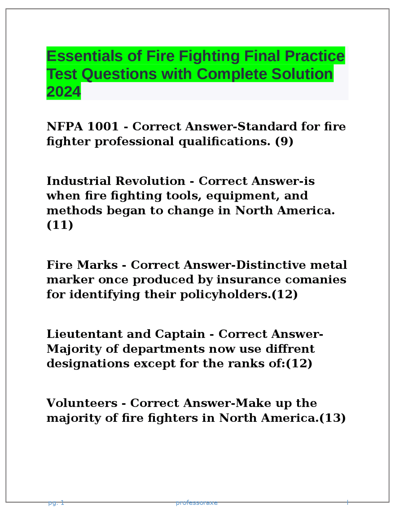 Essentials of Fire Fighting Final Practice Test Questions with Complete ...