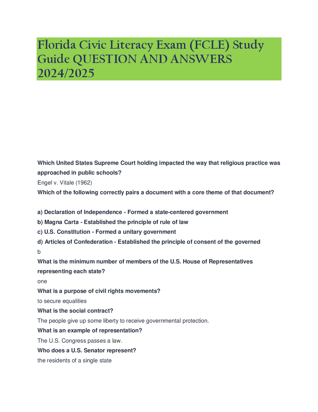 Florida Civic Literacy Exam (FCLE) Study Guide QUESTION AND ANSWERS ...
