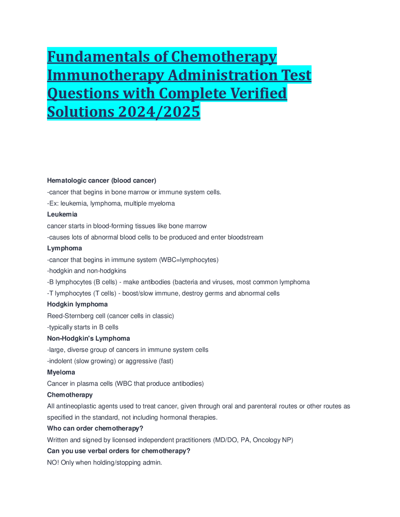 Fundamentals of Chemotherapy Immunotherapy Administration Test ...
