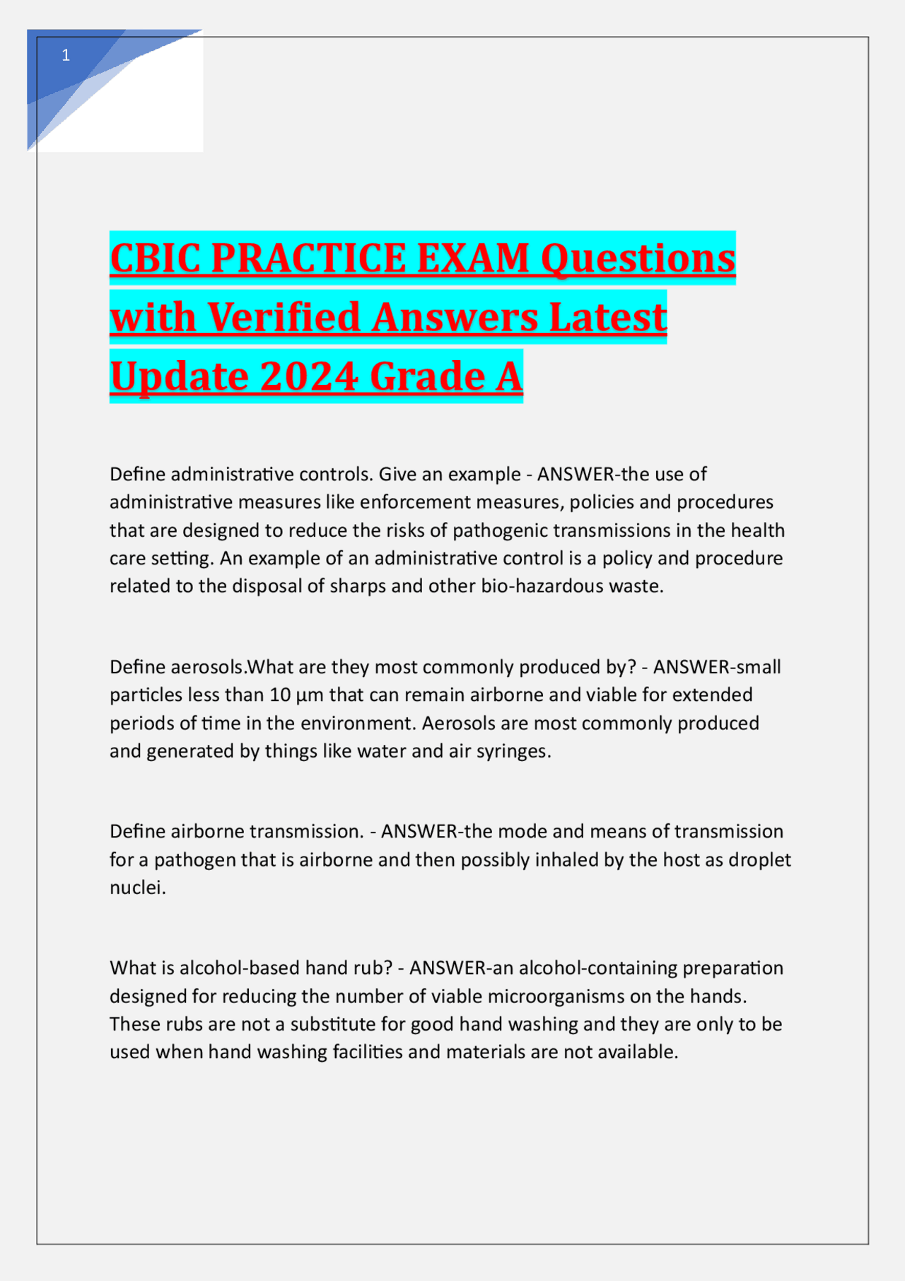 CBIC PRACTICE EXAM Questions with Verified Answers Latest Update 2024 ...