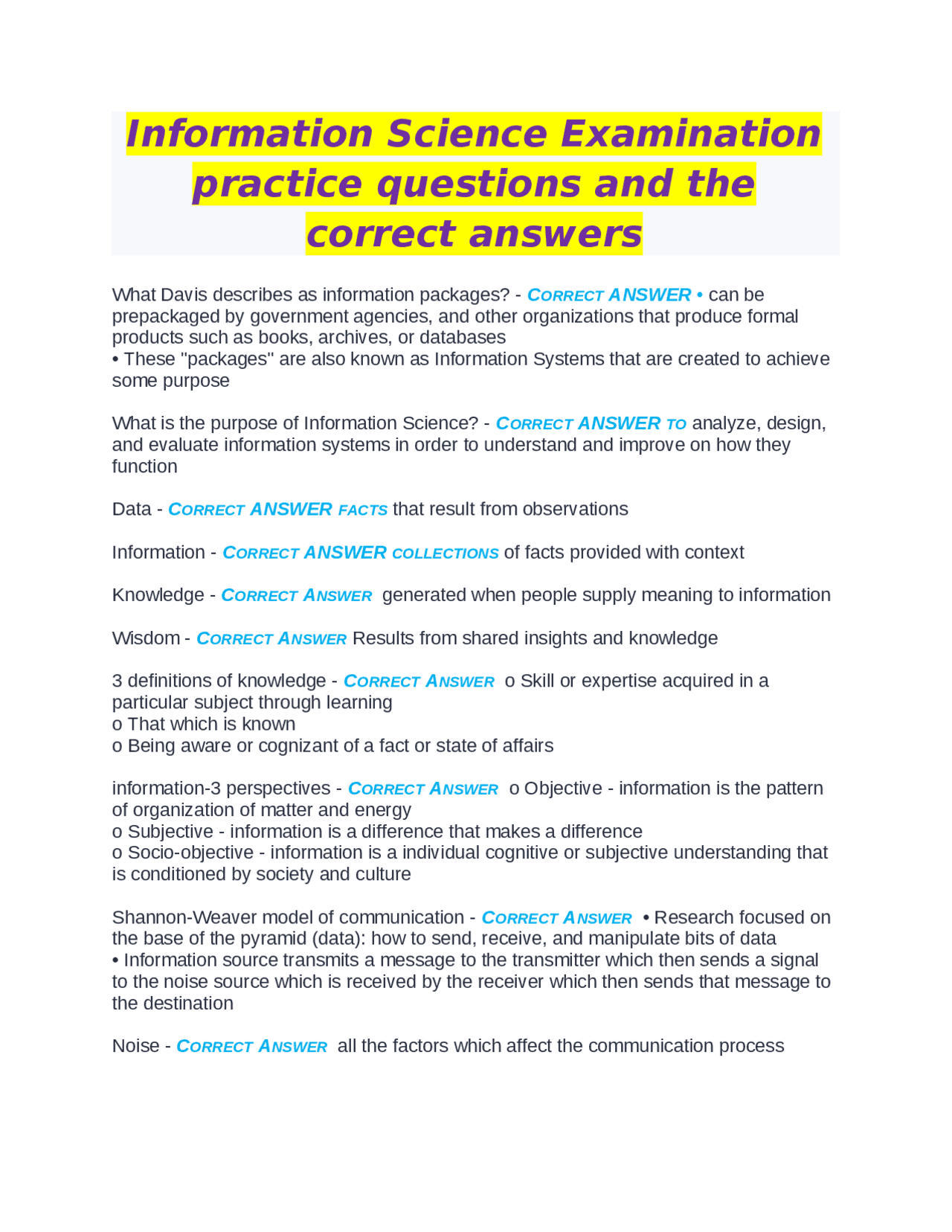 Information Science Examination practice questions and the correct answers | Exams Information ...