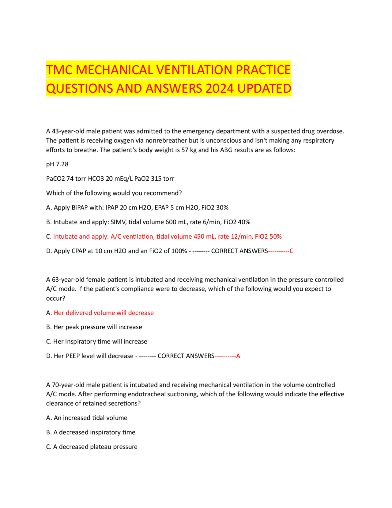 TMC Mechanical Ventilation Practice Questions and Answers 2024 Updated ...