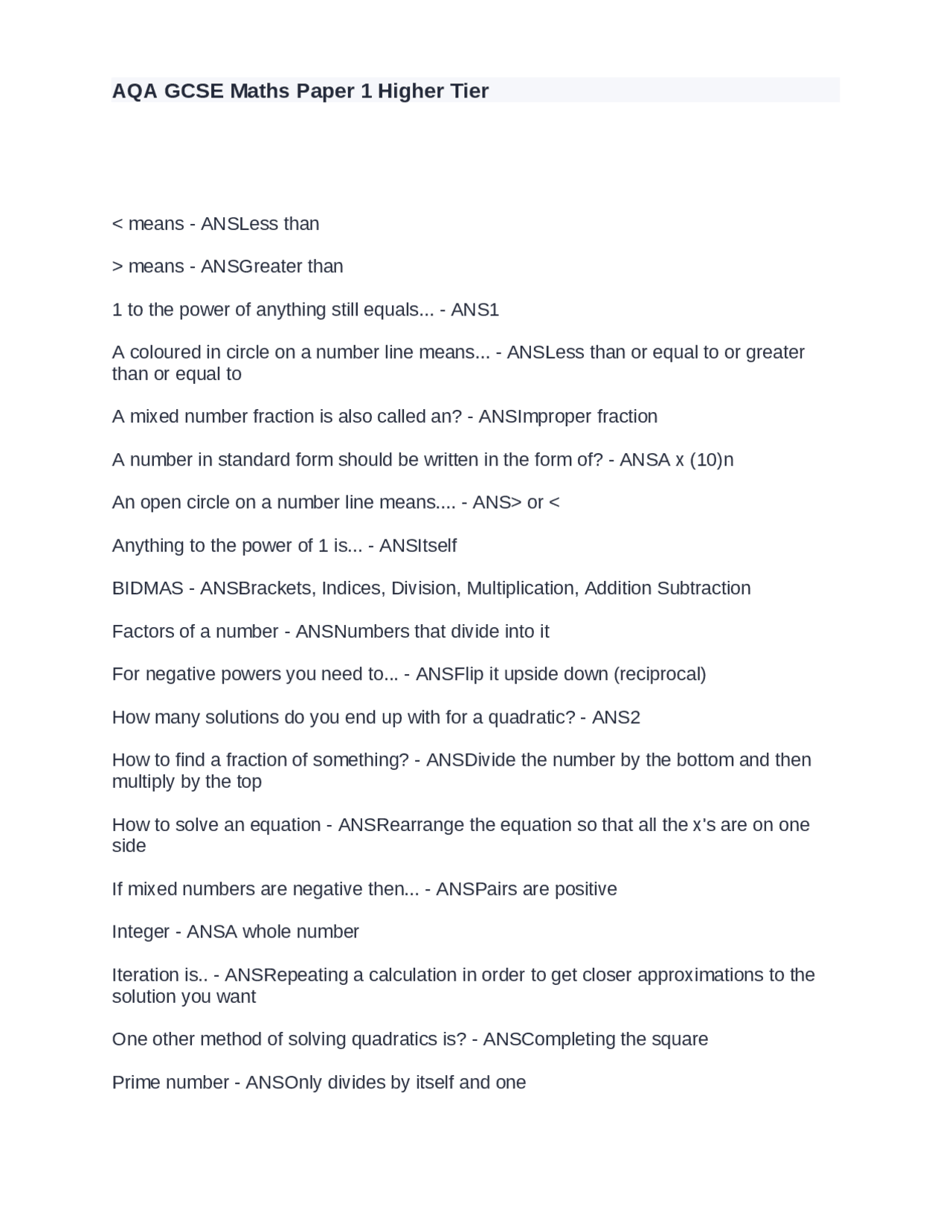 AQA GCSE Maths Paper 1 Higher Tier.doc | Exams Mathematics | Docsity